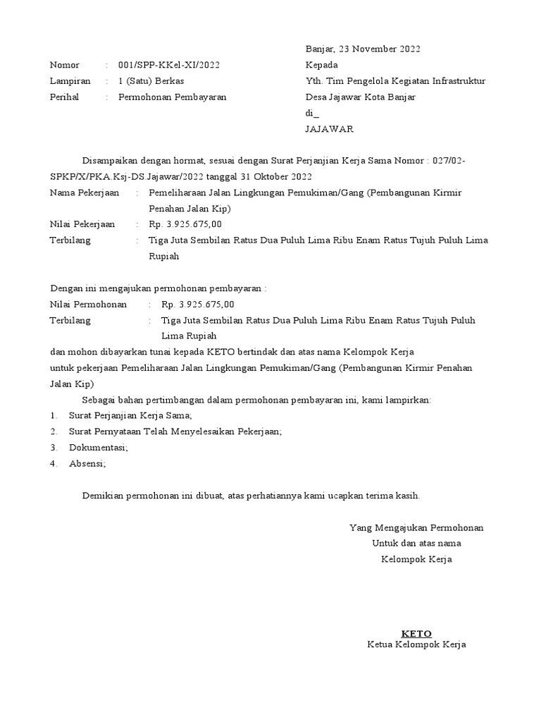 Surat Permohonan Pembayaran Penyedia - TPK | PDF