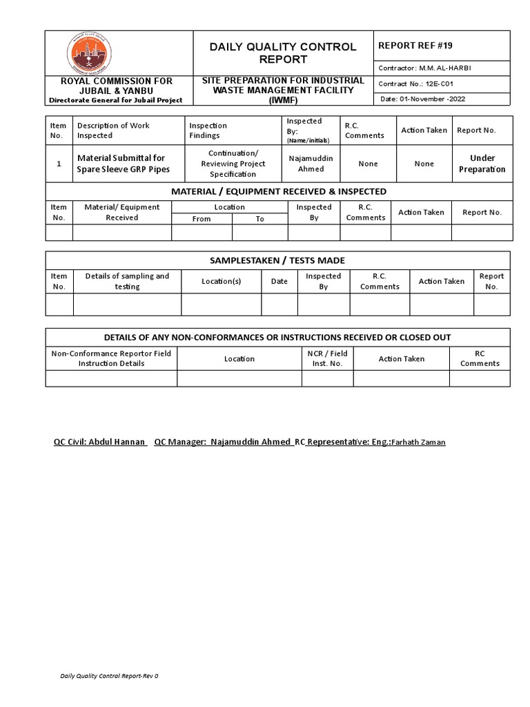 12E-C05 DAILY QUALITY CONTROL REPORT #19 - 01-November - 22 | PDF ...