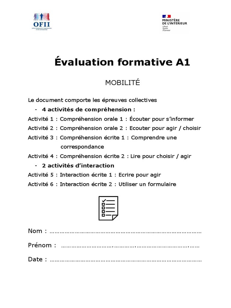 Évaluation Formative OFII Niveau A1 | PDF