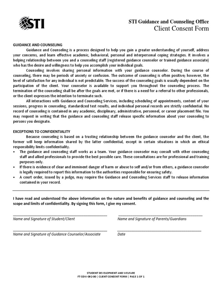 FT-SDW-092-00 Client Consent Form | PDF | Counseling Psychology ...