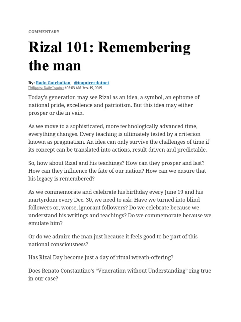 Rizal 101 Remembering The Man | PDF | Philosophical Theories
