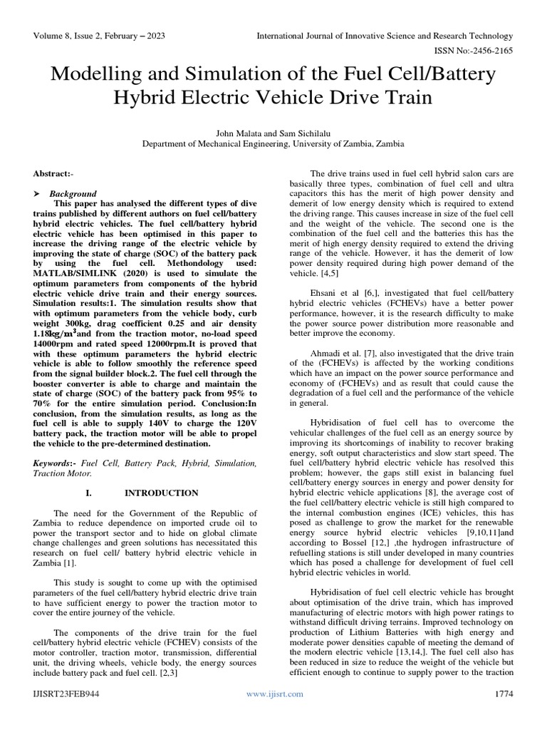 Modelling And Simulation Of The Fuel Cellbattery Hybrid Electric Vehicle Drive Train Pdf