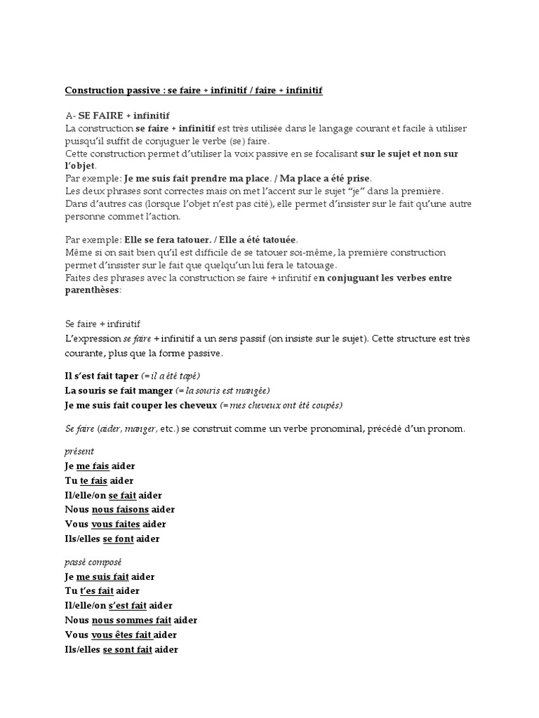 Construction passive : se faire + infinitif | PDF | Sujet (Grammaire ...