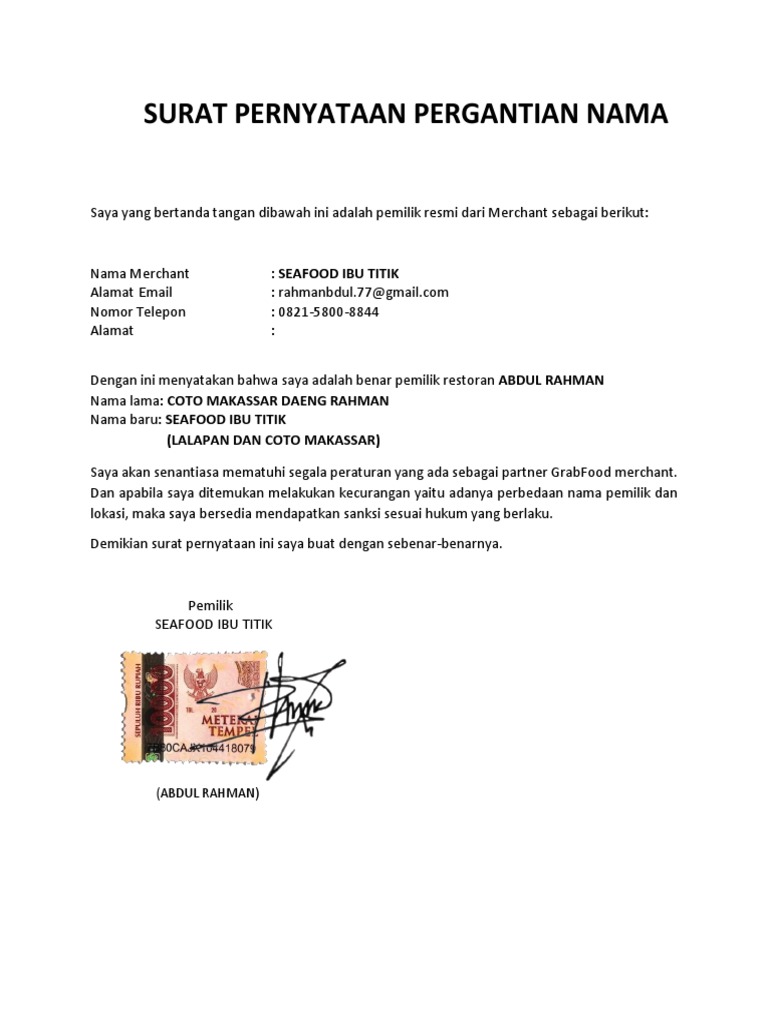 Surat Pernyataan Ganti Nama | PDF