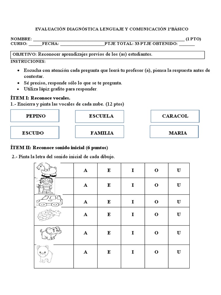 Prueba de Diagnostico 1° Lenguaje | PDF