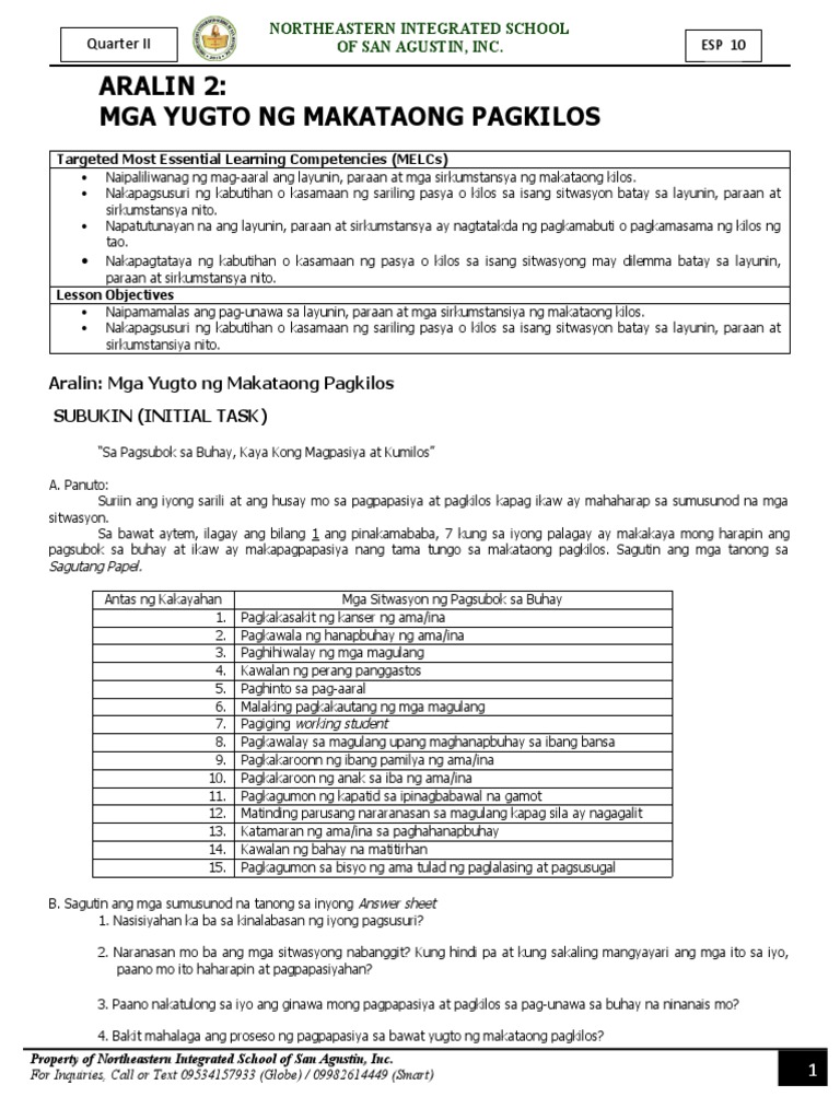 ARALIN 2 - EsP G10 (Quartrer 2) MGA YUGTO NG MAKATAONG KILOS | PDF