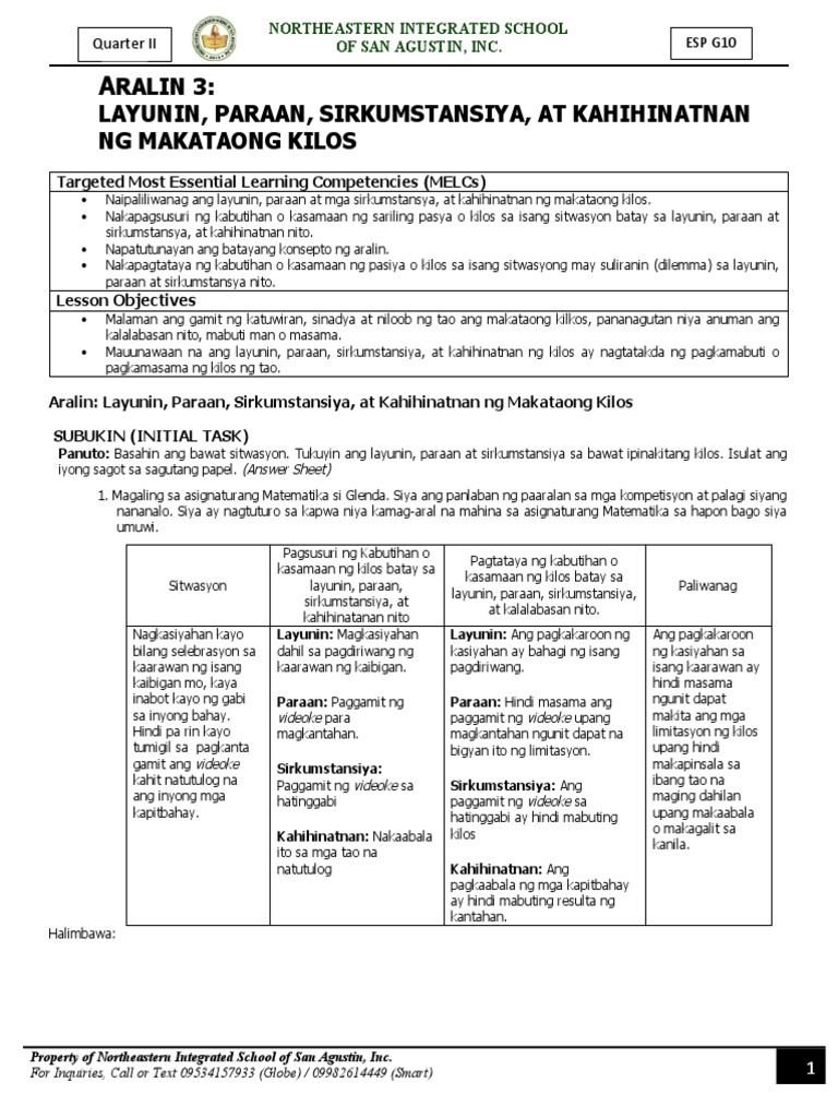 ARALIN 3 - EsP G10 (Quartrer 2) LAYUNIN, PARAAN, SIRKUMSTANSIYA, AT ...