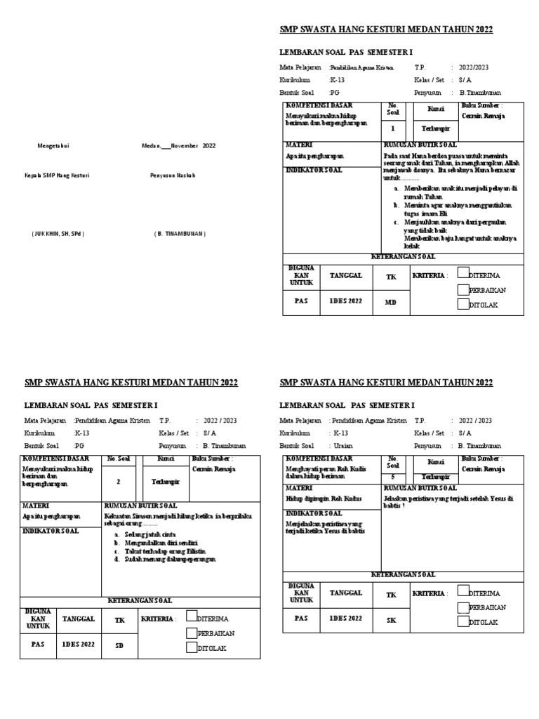 Soal PAS Agama Kristen Kelas 8/A | PDF