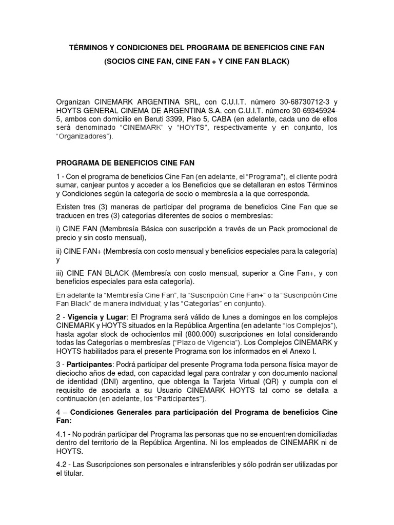 Términos del Programa Cine Fan | PDF | Tarjeta de débito | Tarjeta de ...