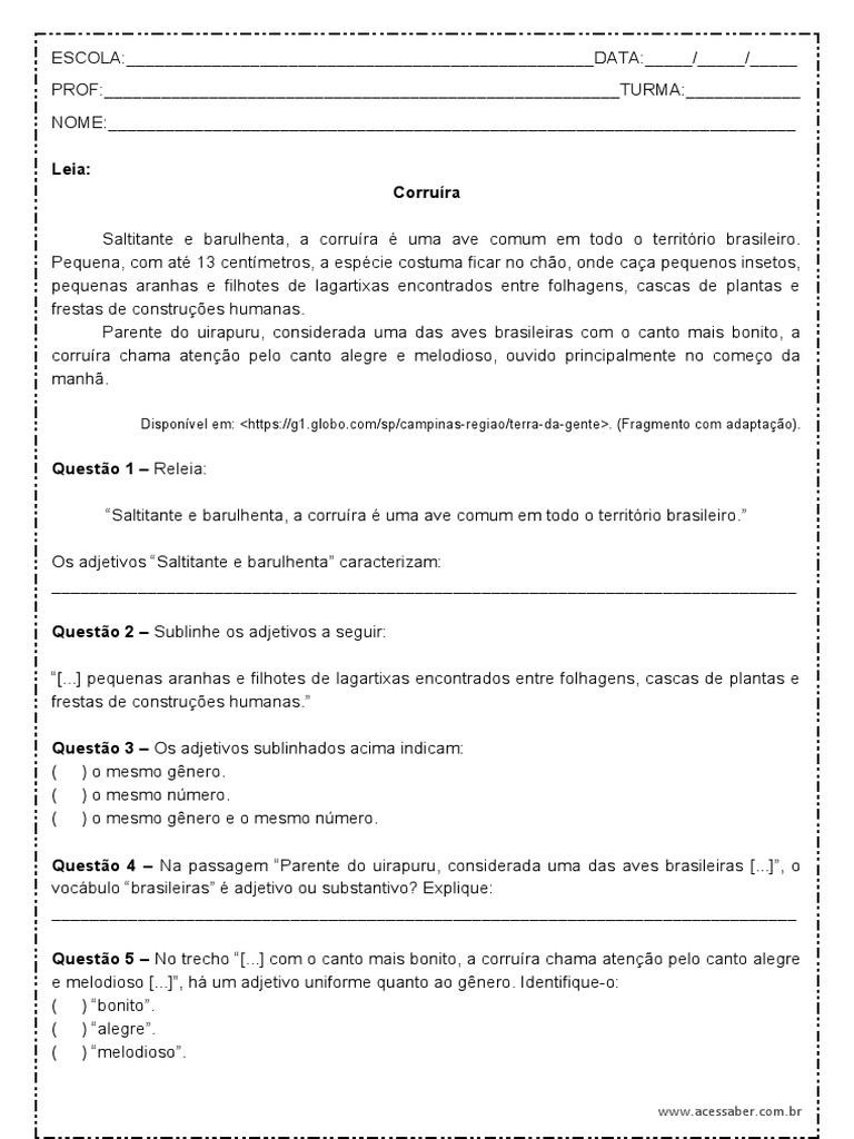 Atividade de Portugues Adjetivos 7o Ano Word 1 | PDF Atividade de Portugues Adjetivos 7o Ano Word 1 | PDF