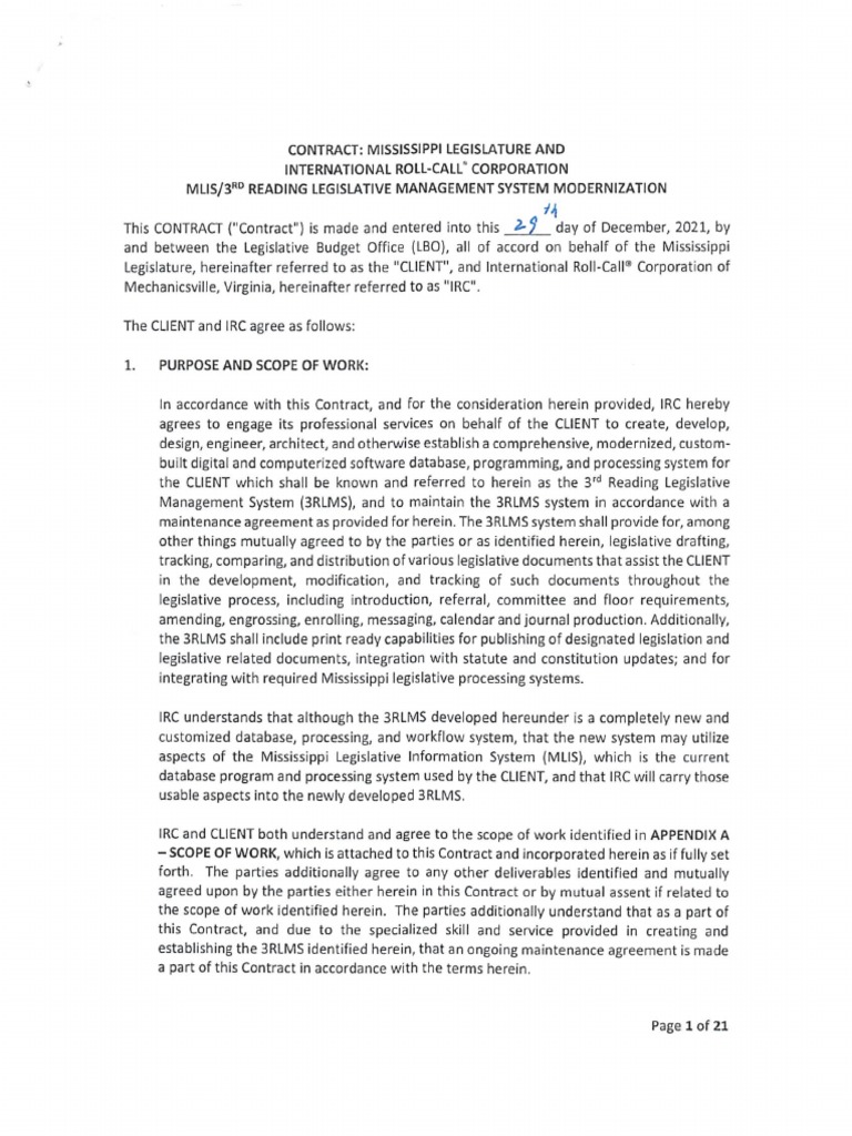 International Roll-Call Corp. Contract With Mississippi Legislature | PDF