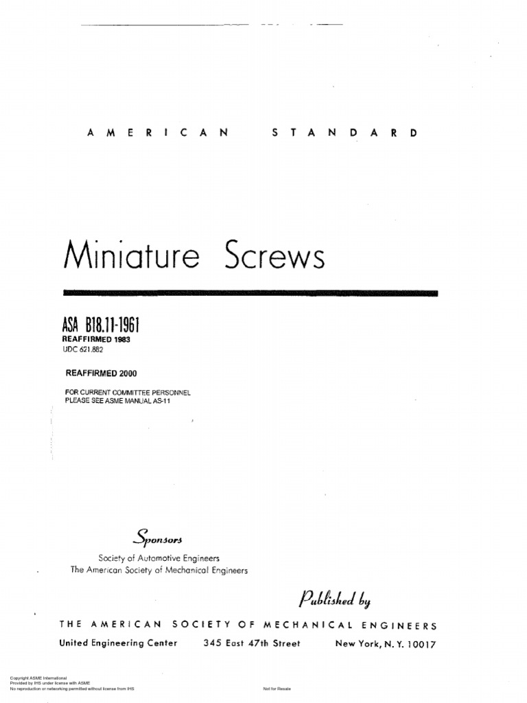 ASME B18.11 (1961) (R2000) Miniature Screws | PDF | Screw | Building ...