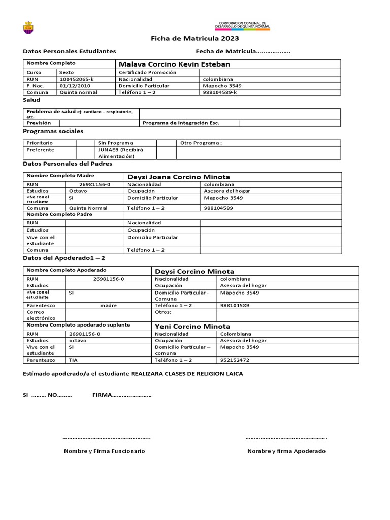 Ficha de Matricula | PDF