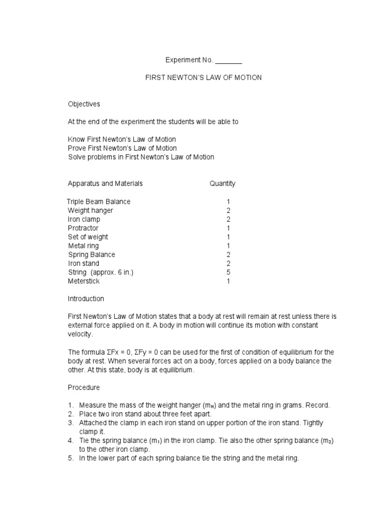 Newton's First Law Experiment Guide | PDF | Force | Weight