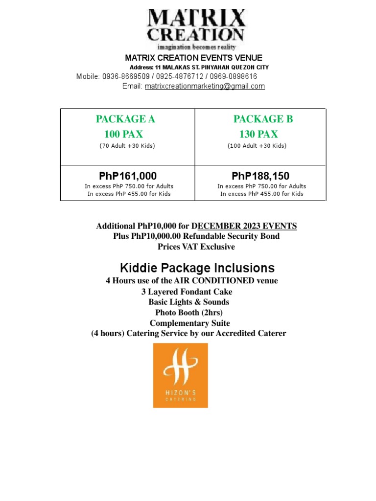 Matrix Creation Events Venue Packages | PDF | Sauce | Pasta