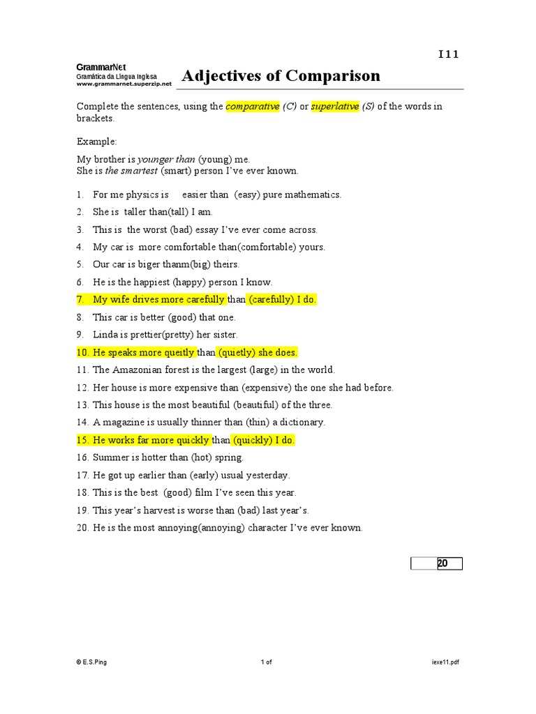 Adjectives - Comparative and Superlative Exercise | PDF
