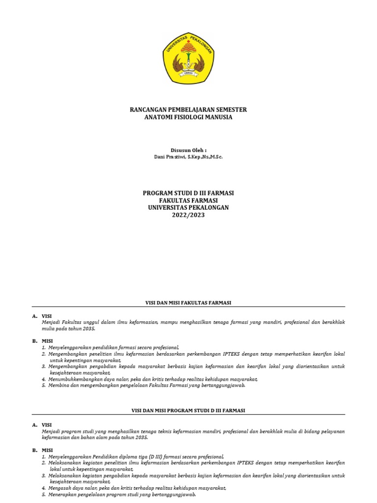 RPS Anfisman D3 Farmasi - Ganjil 2022 2023 PDF | PDF | Sains & Matematika