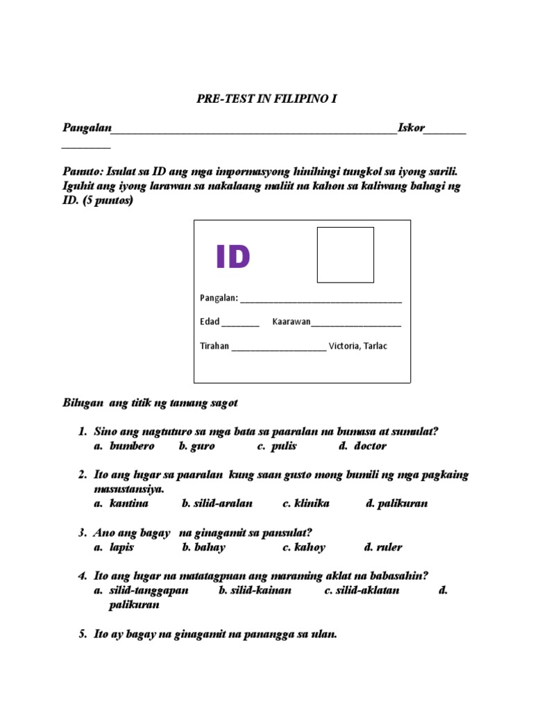 Pre-Test - Filipino 1 | PDF
