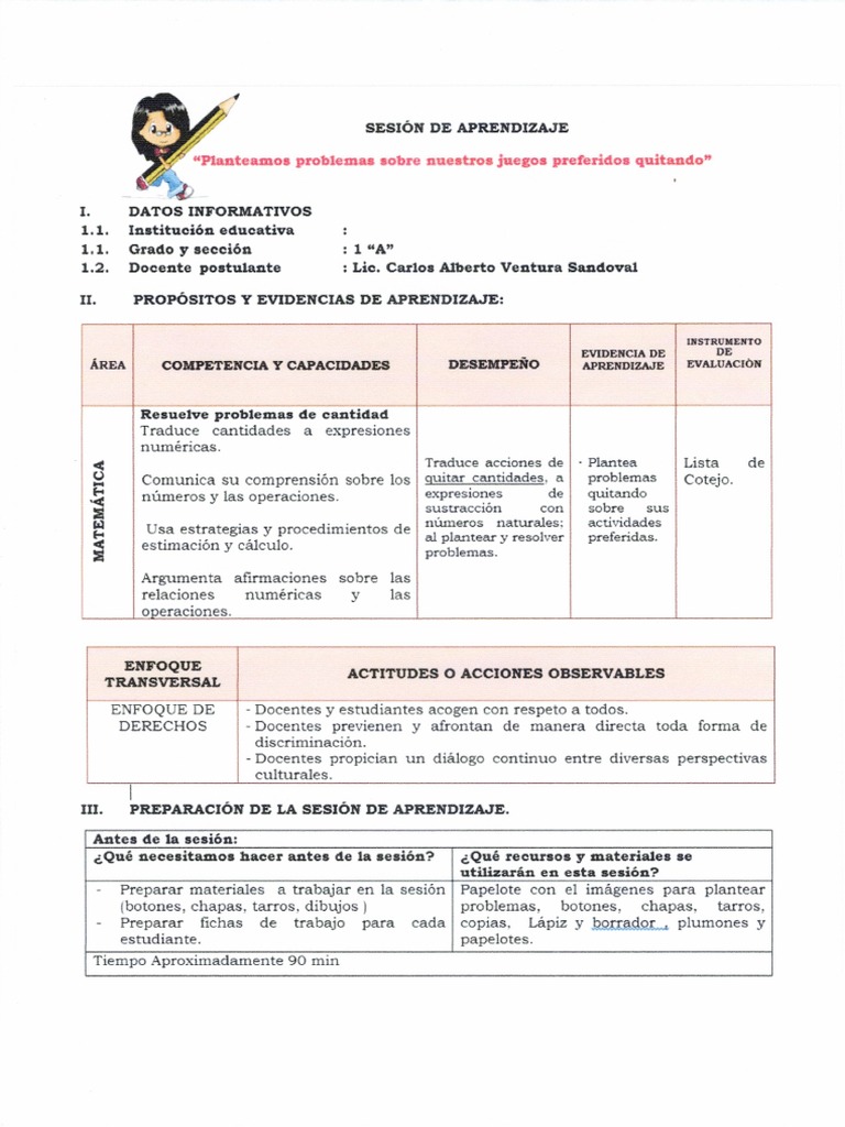 Modelo de Sesión de Aprendizaje Primaria Primer Grado PDF | PDF | Aprendizaje | Cognición