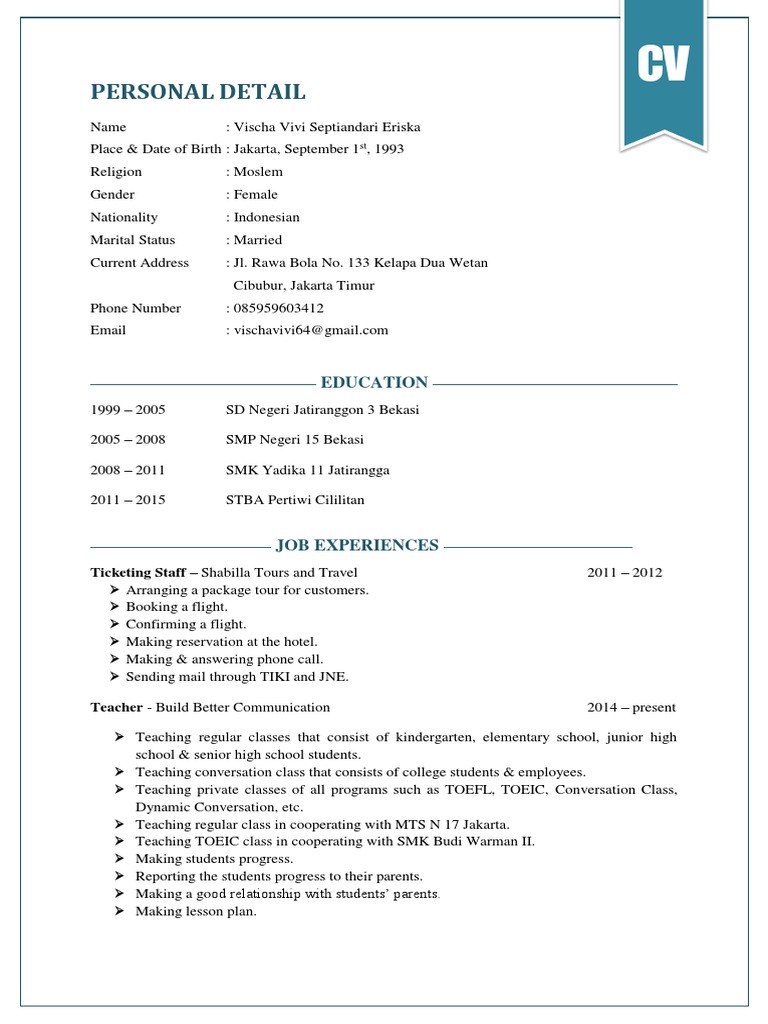 Cv-Vischa Vivi Se-English Teacher-2020 | PDF