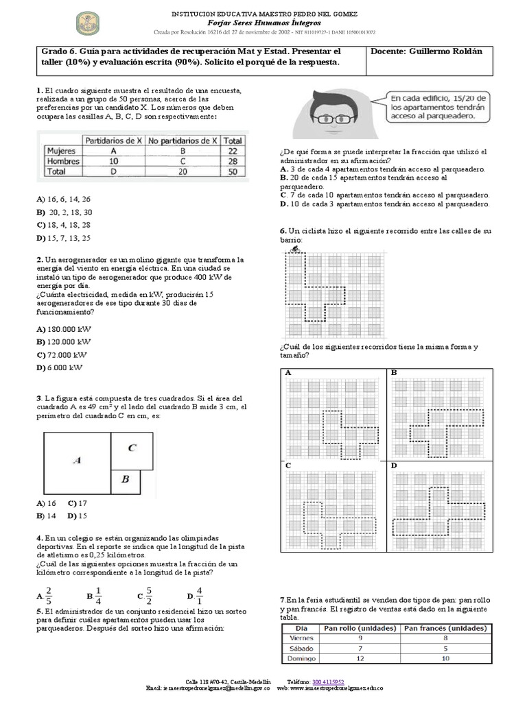 Grado 6. Guia para Actividades de Recuperacion Mat y Estad. Presentar El Taller 10 y Evaluacion ...