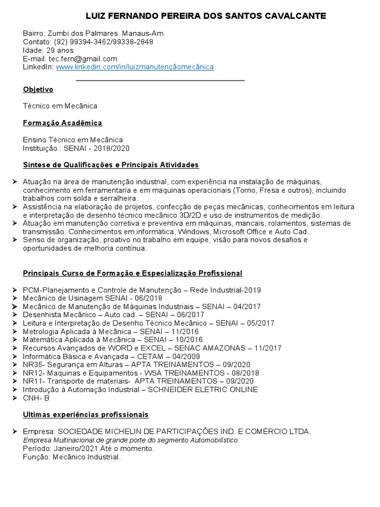 Currículo de Técnico em Mecânica com experiência em manutenção ... Currículo de Técnico em Mecânica com experiência em manutenção ...