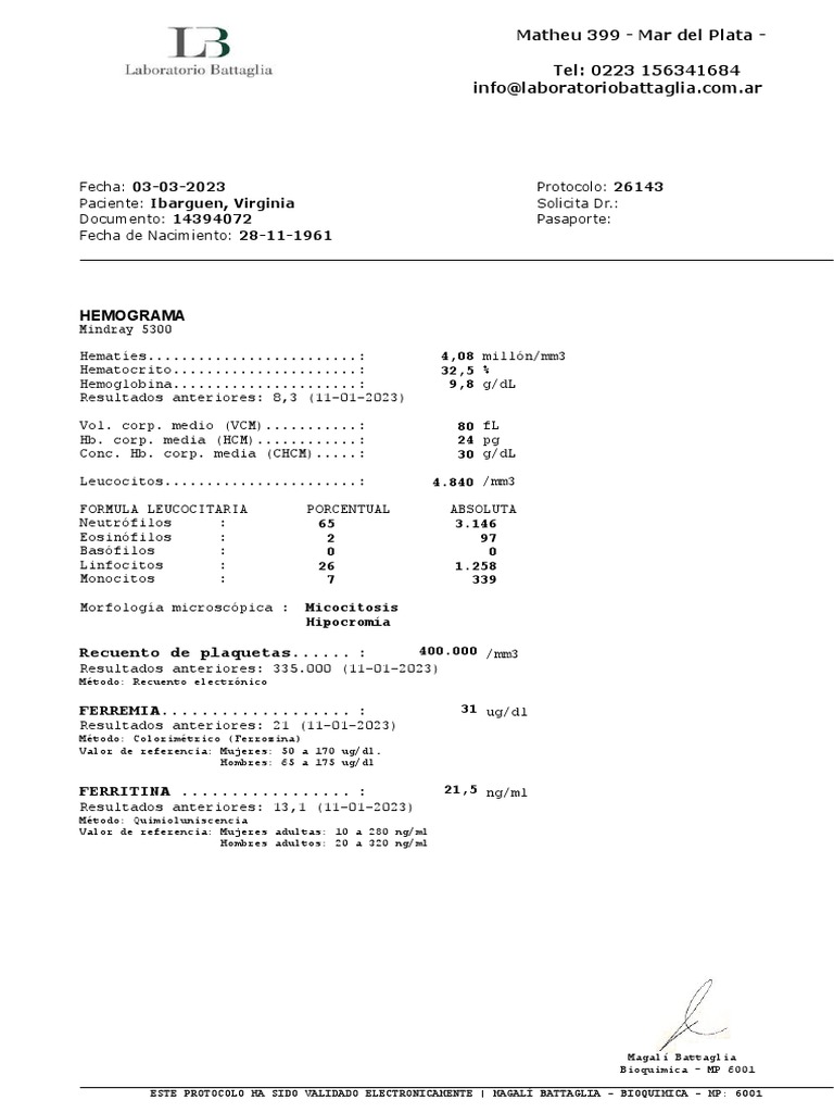 Resultados de Hemograma y Ferremia | PDF