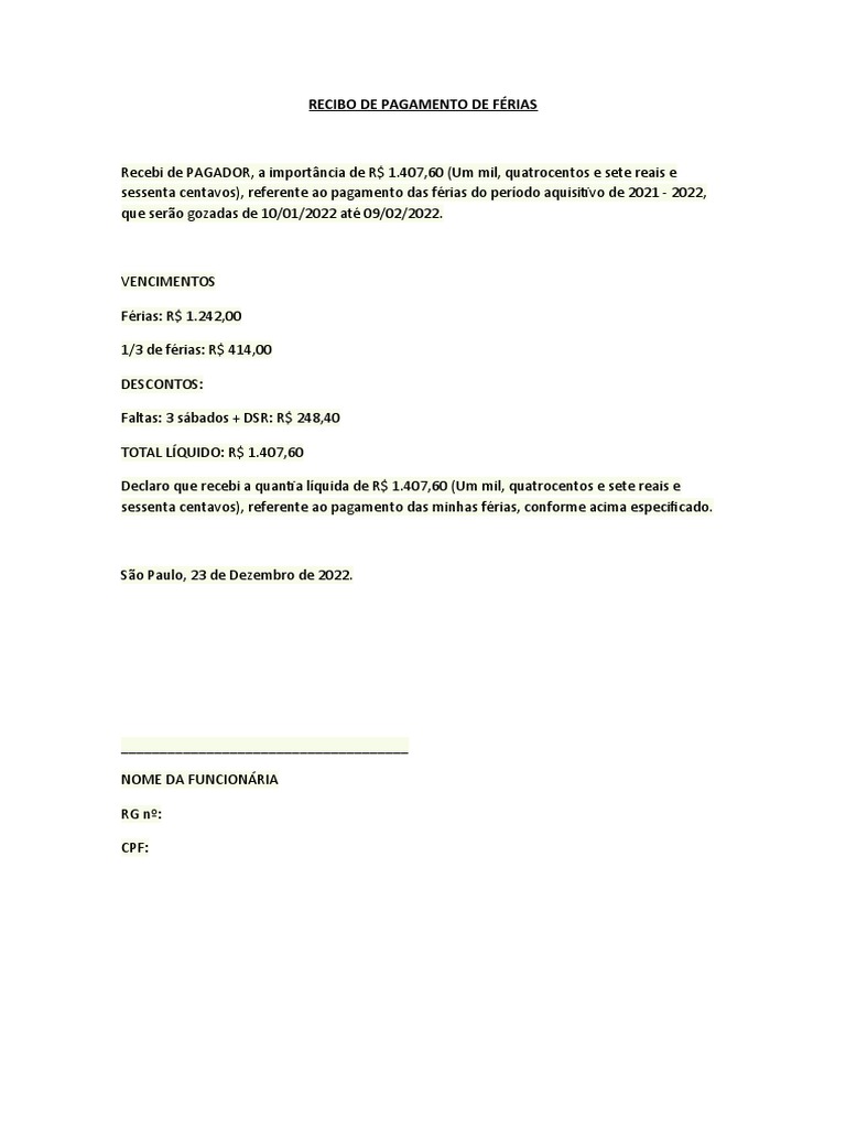 Modelo Recibo de Pagamento de Férias | PDF