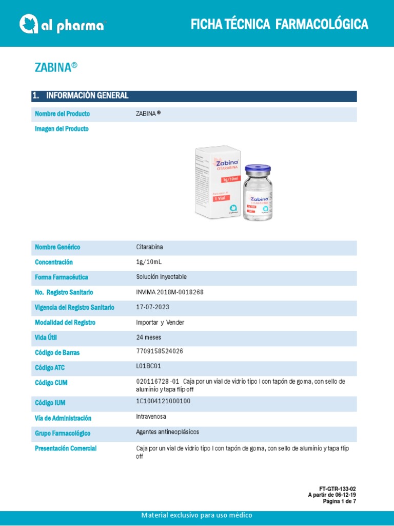 FTF GTR 133 02 FICHA TECNICA FARMACOLOGICA ZABINA 1g | PDF | Medicamentos con receta | Leucemia