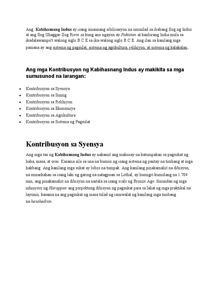 Kontribusyon Sa Syensya: Ang Mga Kontribusyon NG Kabihasnang Indus Ay ...