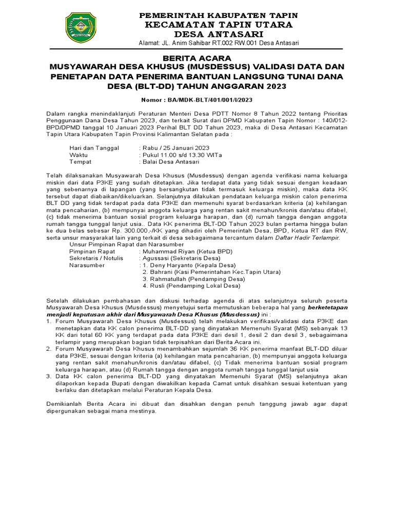 Ba Musdes Khusus Penetapan Penerima BLT 2023 | PDF