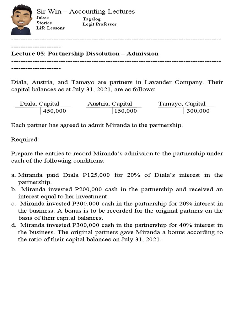 Lecture 05 Partnership Dissolution Admission Pdf