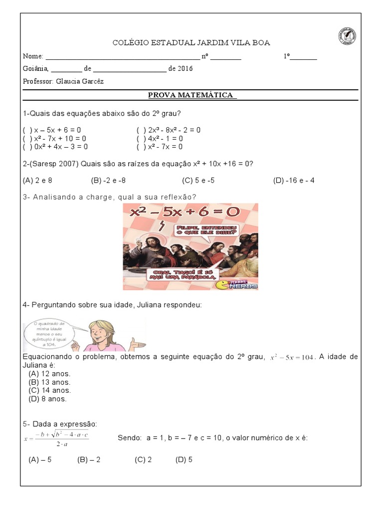 Prova Matematica 1º Eja 2ºbim | PDF