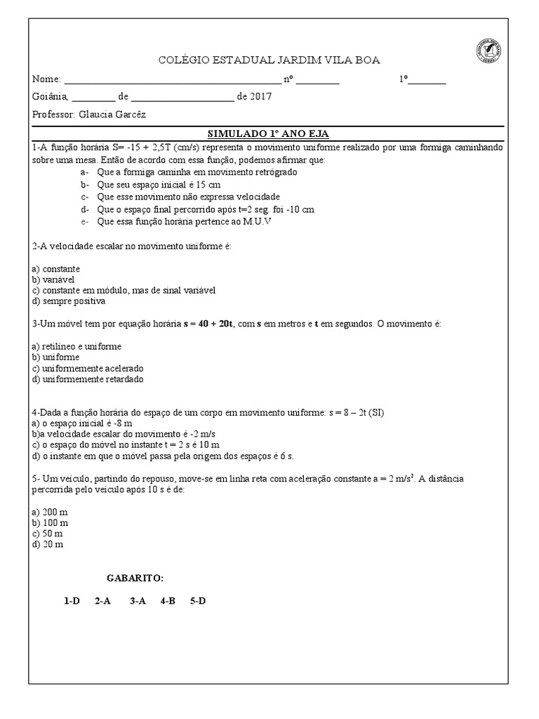 Simulado 1º Ano Eja 2017 | PDF