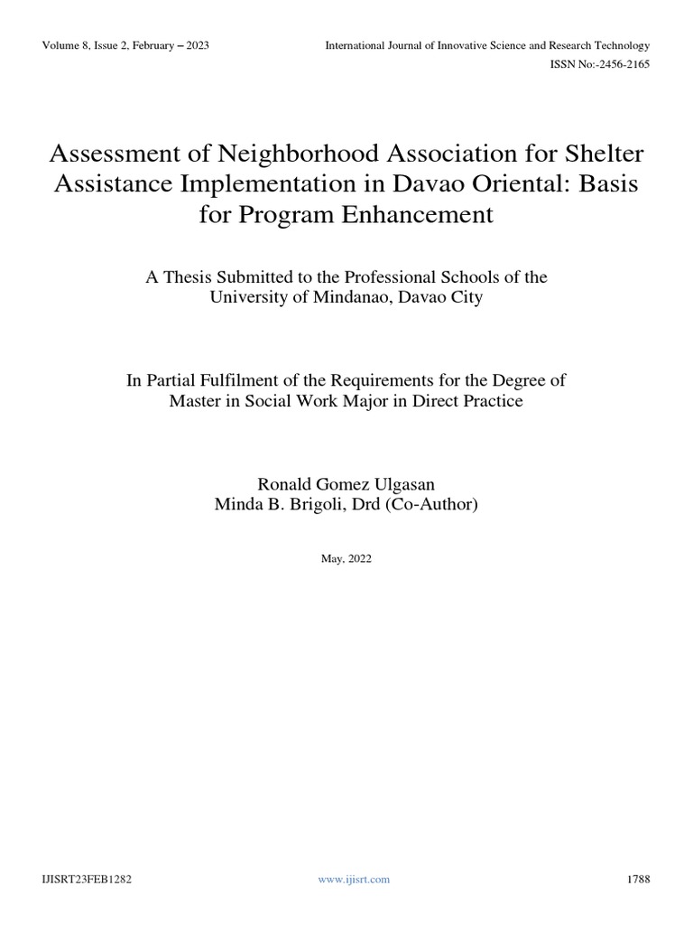 Assessment of Neighborhood Association For Shelter Assistance ...