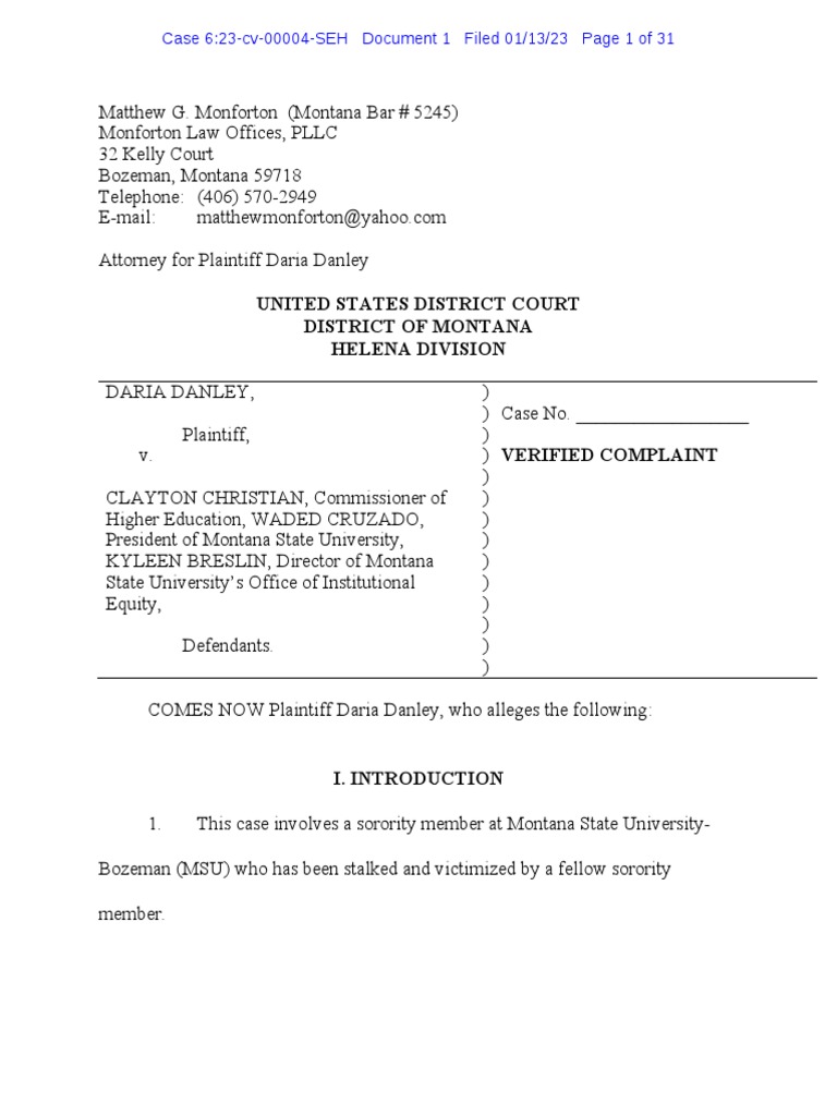 Daria Danley Lawsuit Against Montana State University | PDF | Complaint ...