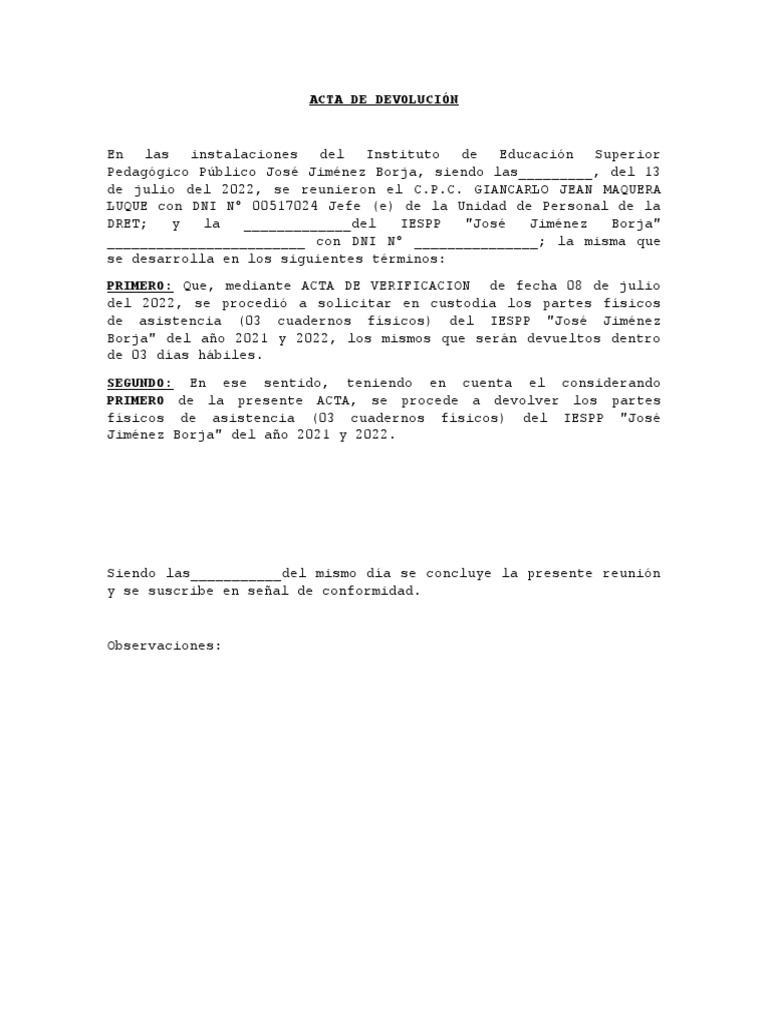 Acta de Devolución | PDF