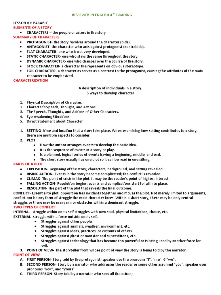 Reviewer in English 4TH Grading | PDF | Narration | Parable