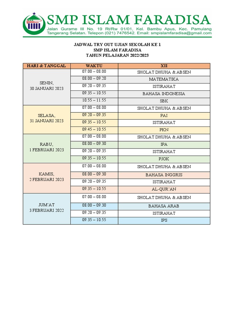 Jadwal Try Out Ujian Sekolah SMP 2023 | PDF