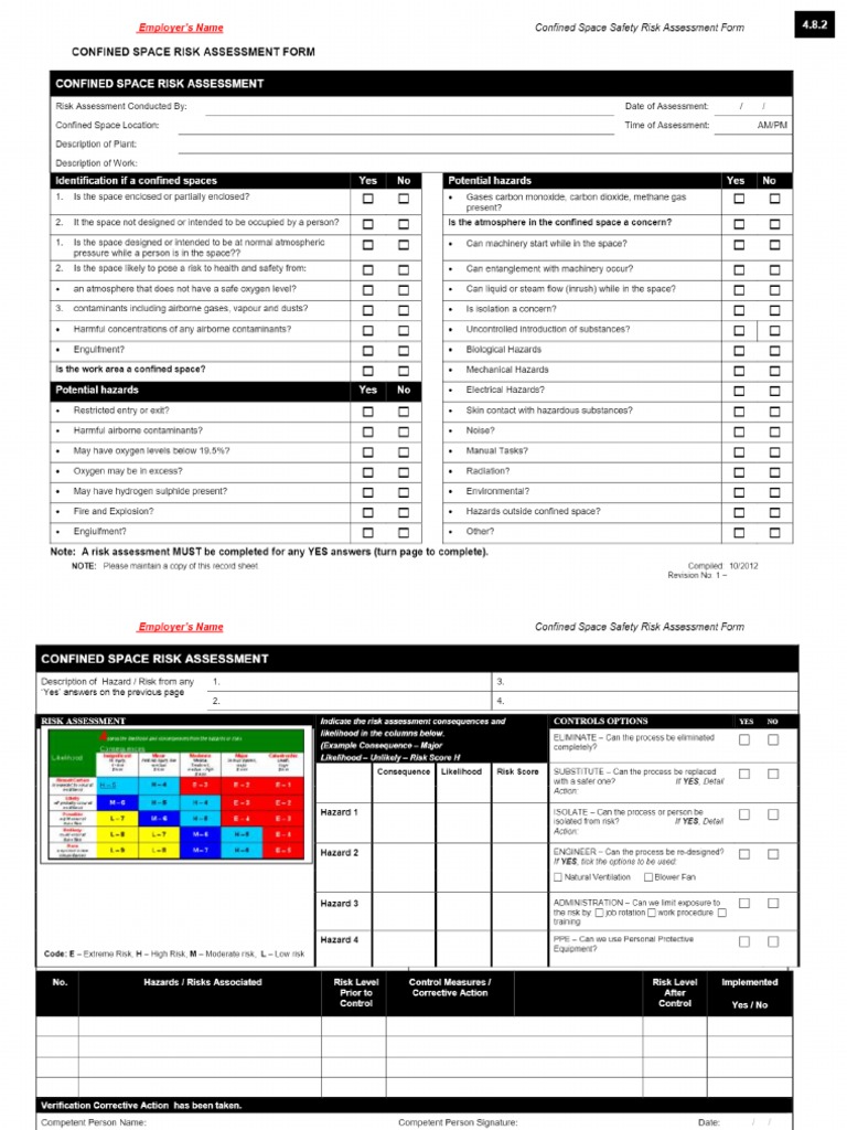Confined Space Risk Assessment Form | PDF