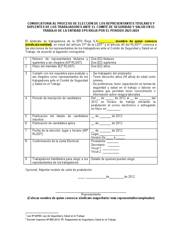 Modelo de Convocatoria a elecciones - CSST | PDF | Gobierno | Elecciones