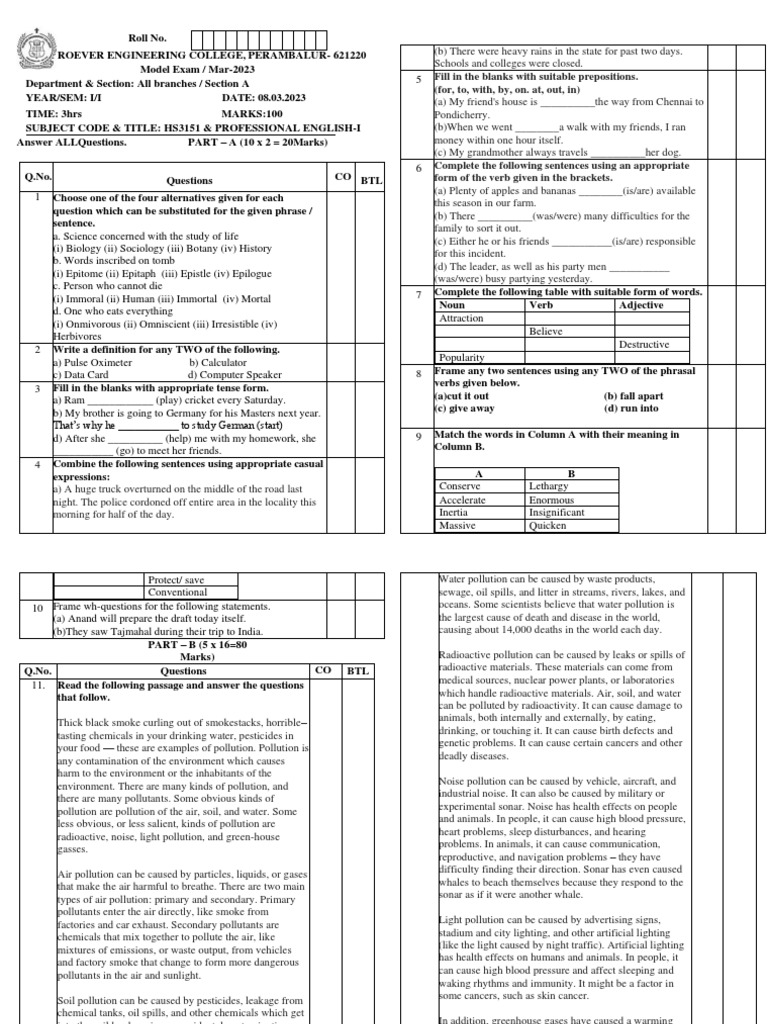 Model Professional English I Model Exam QP (Vidney) | PDF | Atmosphere Of Earth | Pollution