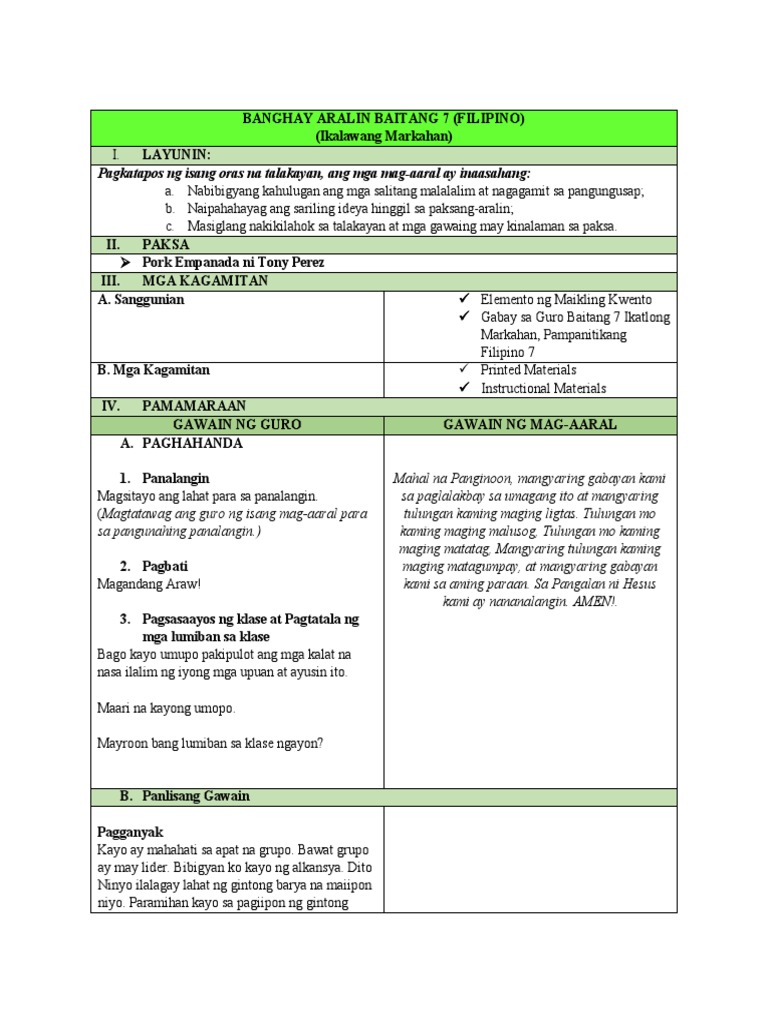 Banghay Aralin Sa Filipino PDF | PDF