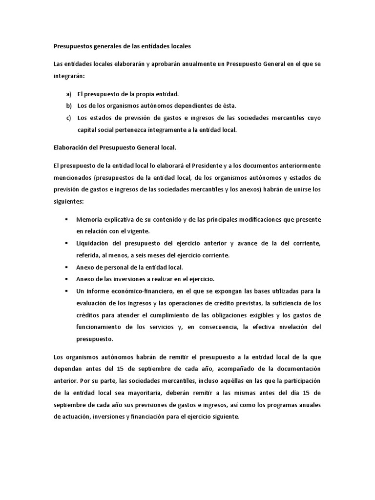 Presupuestos Generales de Las Entidades Locales | PDF | Presupuesto | Gobierno