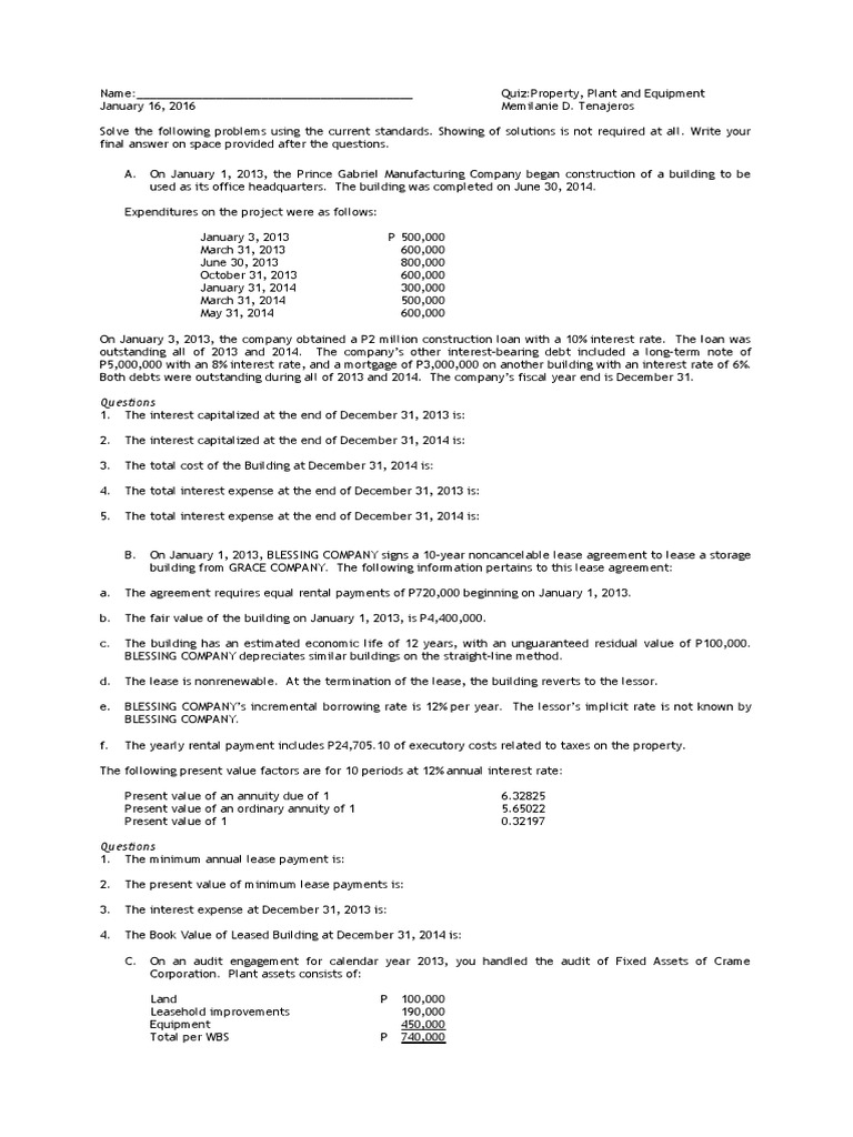 Acctg 321 A and B - Quiz - PPE - CS | PDF | Depreciation | Book Value