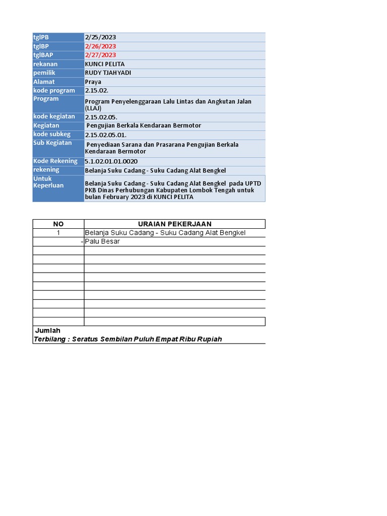 Pembelian Suku Cadang Bengkel Februari 2023 | PDF
