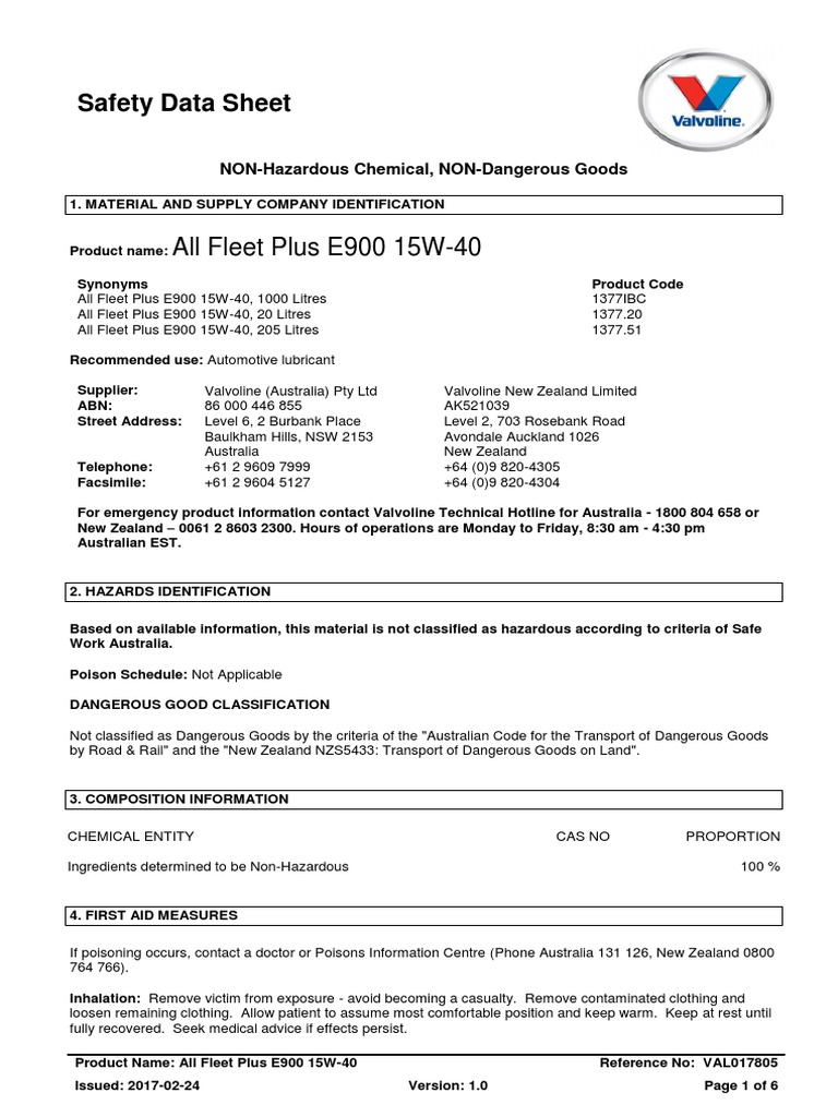 All Fleet Plus E900 15W-40-SDS | PDF | Dangerous Goods | Toxicity