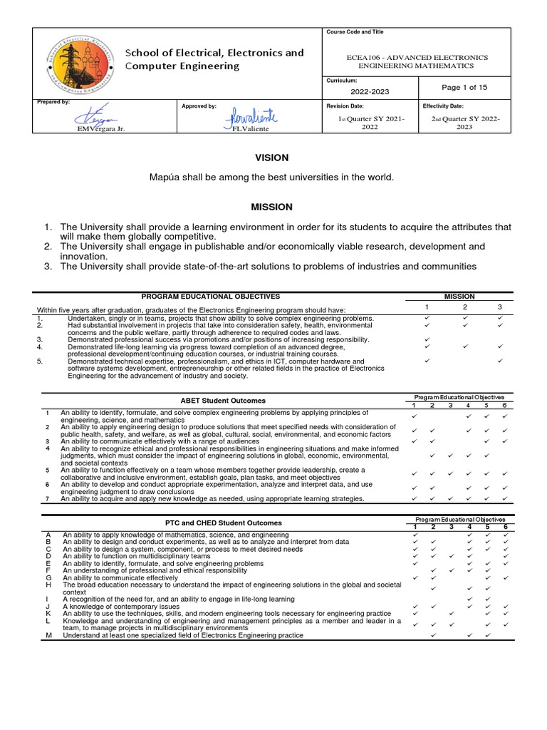 ECEA106 AY 2022 2023 Syllabus Tri X | PDF | Laplace Transform | Engineering