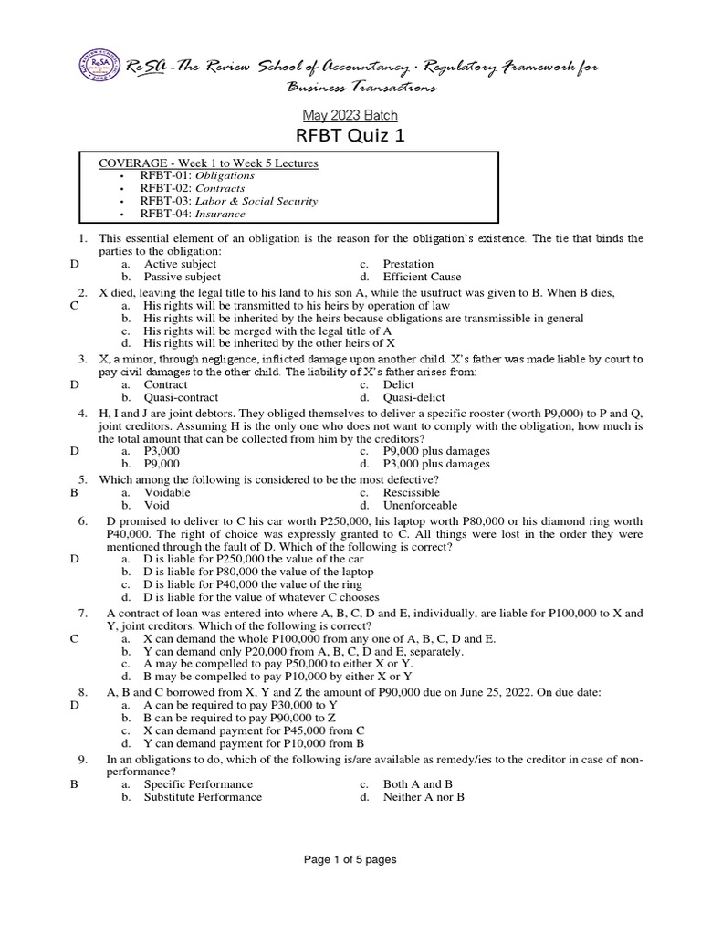 RFBT Quiz 1 B45 PDF | PDF | Legal Liability | Overtime