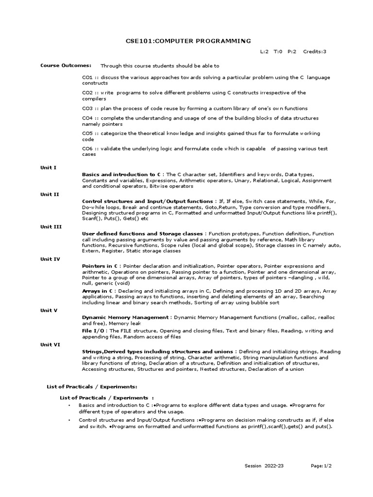 CSE 101: Computer Programming Syllabus | PDF | Pointer (Computer ...